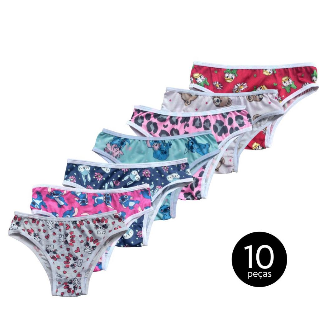 Kit 10 Calcinhas Infantis Para Meninas De 2 a 9 anos Forro 100% Algodão ...