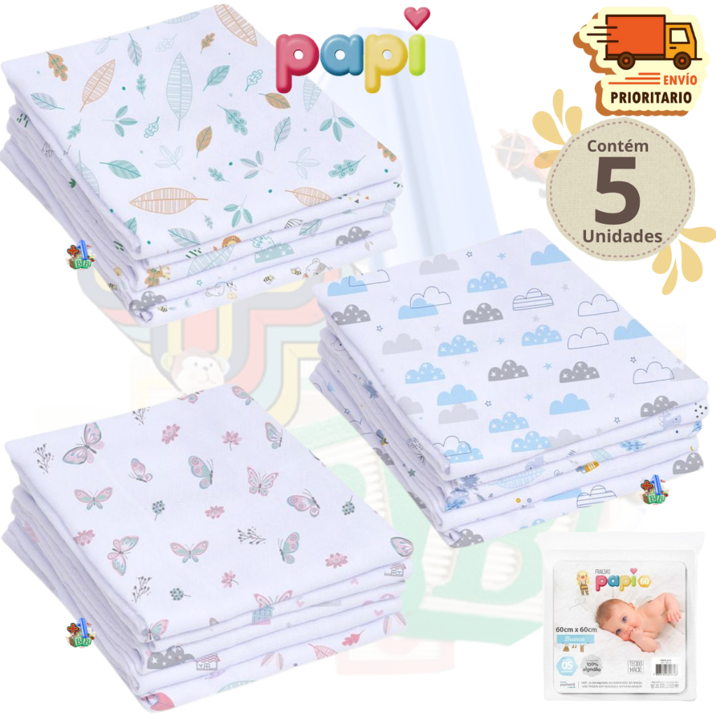 Fralda de pano kit com 5,10,15 unidades fina 60x60cm 100% algodão Papi ...