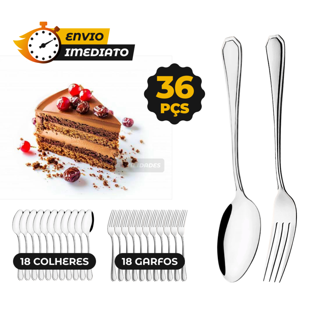 Conjunto Talheres Para Sobremesa 36 Peças em Aço Inox 18 Garfos, 18 ...