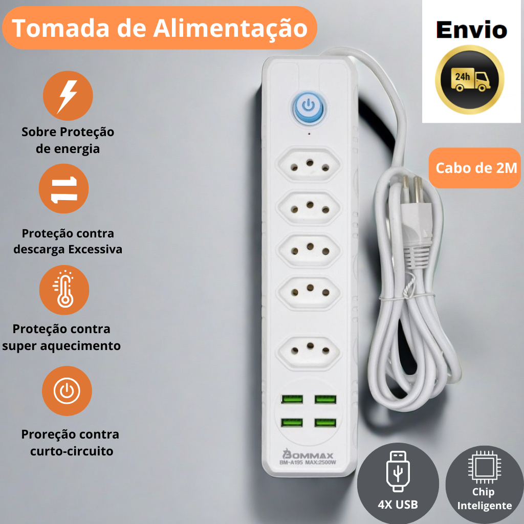 Extensão Elétrica 2m com 5 Tomadas e 4 Entradas USB Botão Liga e Desliga 110V/220V Bivolt - BM ...