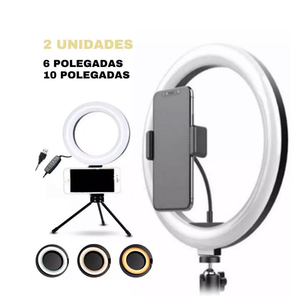 Kit 2 Ring Light Profissional 10 Polegadas Ideal Para Gravar Videos Fotos Youtuber + ring 6 ...