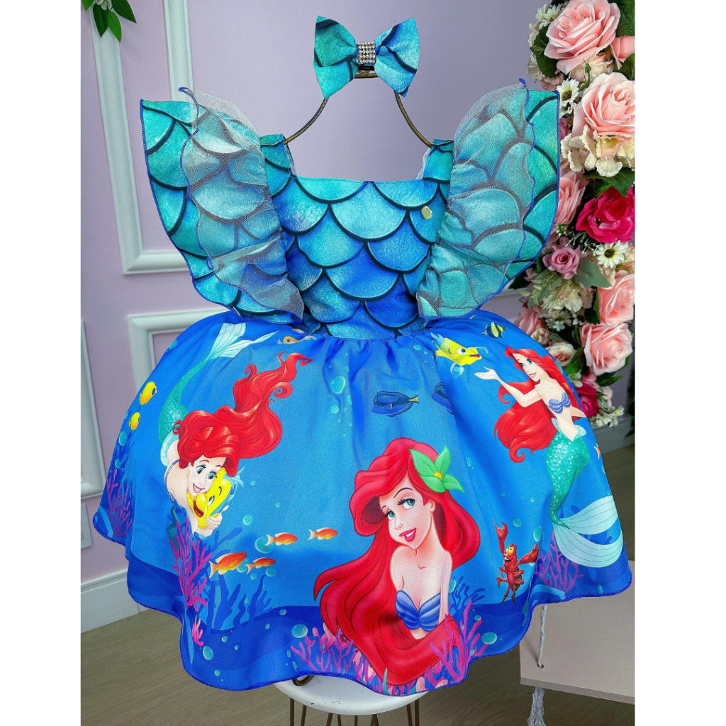 Vestido Infantil Temático Ariel Pequena Sereia Fundo do Mar Luxo com ...