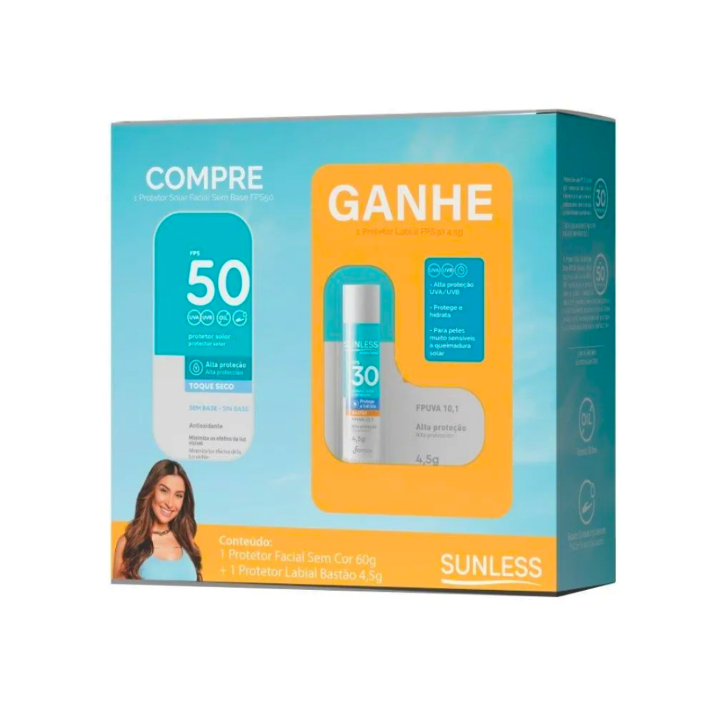 Kit Protetor Solar Facial Sunless Sem Cor 60g FPS50 + Protetor Labial ...