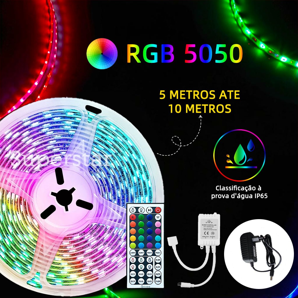 Fita LED 5050 RGB 5M e 10M SUPER LED FITA + CONTROLE + FONTE IP65 À ...