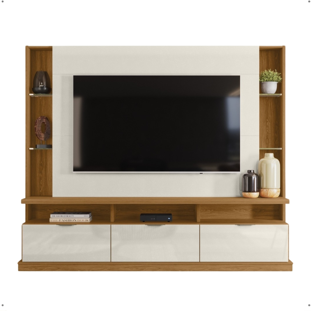 Home Rack Painel TV 55 60 65 70" Portas Basculante Nicho Prateleiras Vidro Rodizio Sala Quarto ...