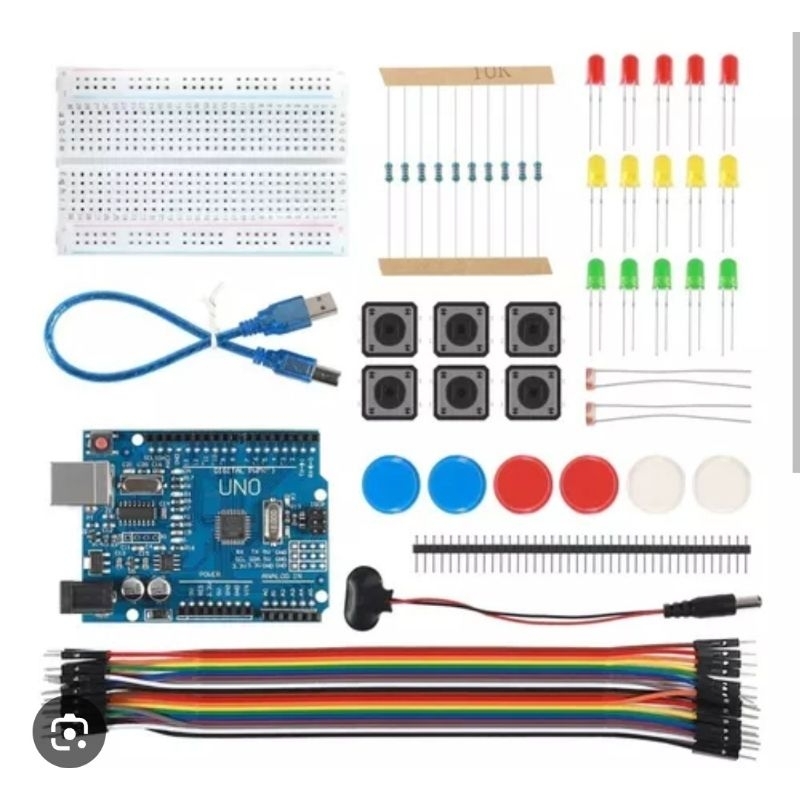 Kit Arduino Uno R3 contendo diversos itens e componentes eletrônicos ...