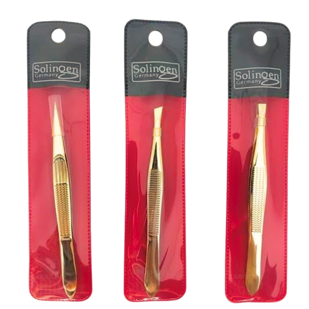 03 Pinças Solingen Dourada c/ Ponta Reta, Ponta Chanfrada e Ponta ...
