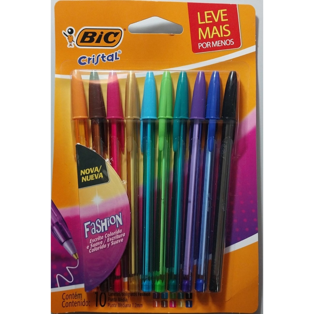 Kit Com 10 Canetas Ponta Média Cristal Fashion BIC 10 Cores | Shopee Brasil