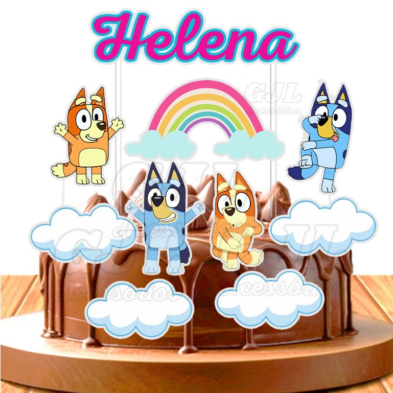 Topo Topper De Bolo Tema Bluey e Bingo Nuvens Arco Iris Personalizado ...