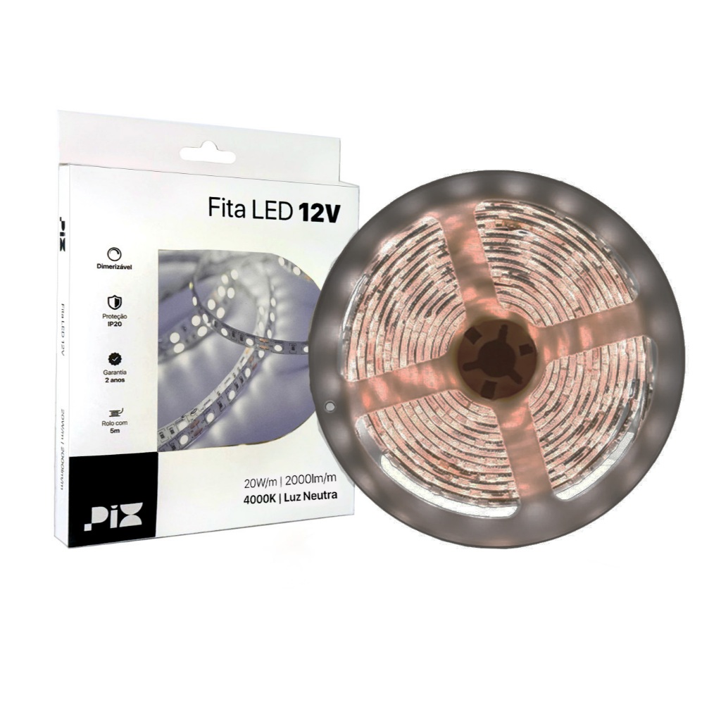 Fita Led 20W 12V 4000K IP20 240 Leds/m 5m Dimerizável Pix - Faz a Boa!