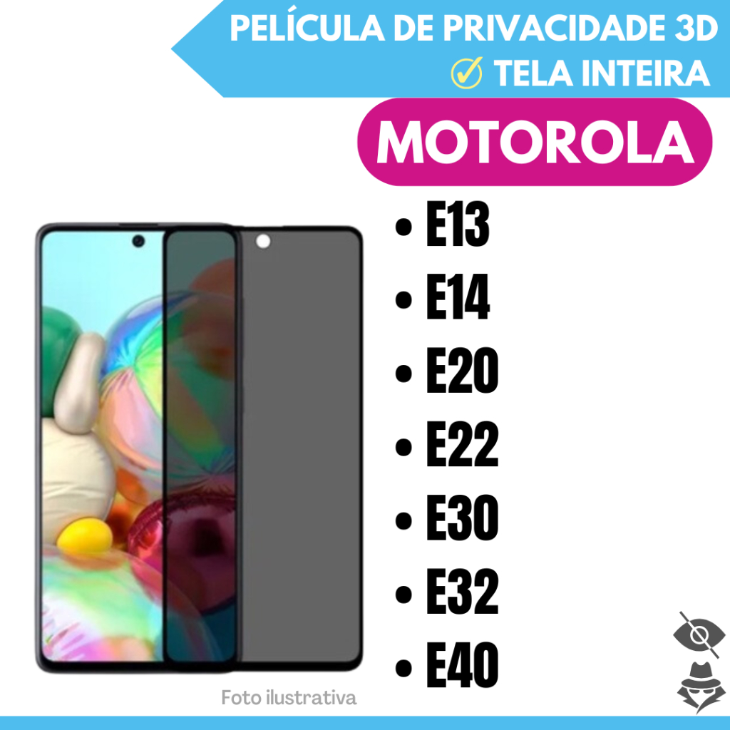 Película de Vidro 3D Privacidade Para Motorola Moto E13 / E14 / E20 / E22 / E30 / E32 / E40 ...