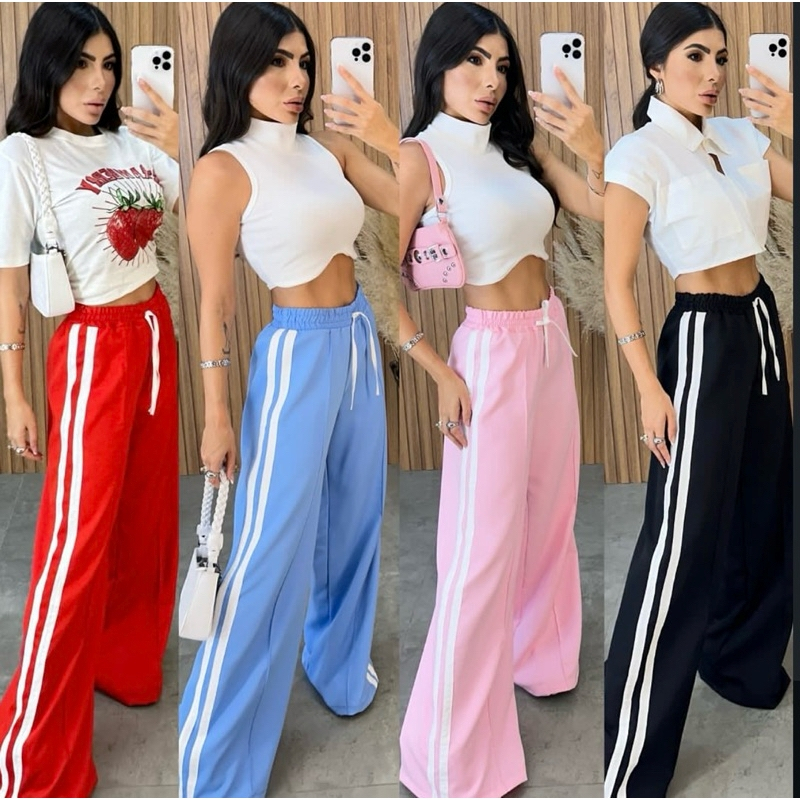 Calça pantalona track pants wid leg, listra lateral, elástico na ...