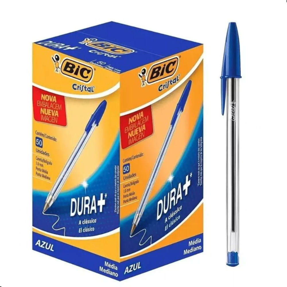 Caixa Caneta Bic Azul Tradicional Esferográfica Cristal Ponta Média 1.0mm - Caixa Com 50 ...