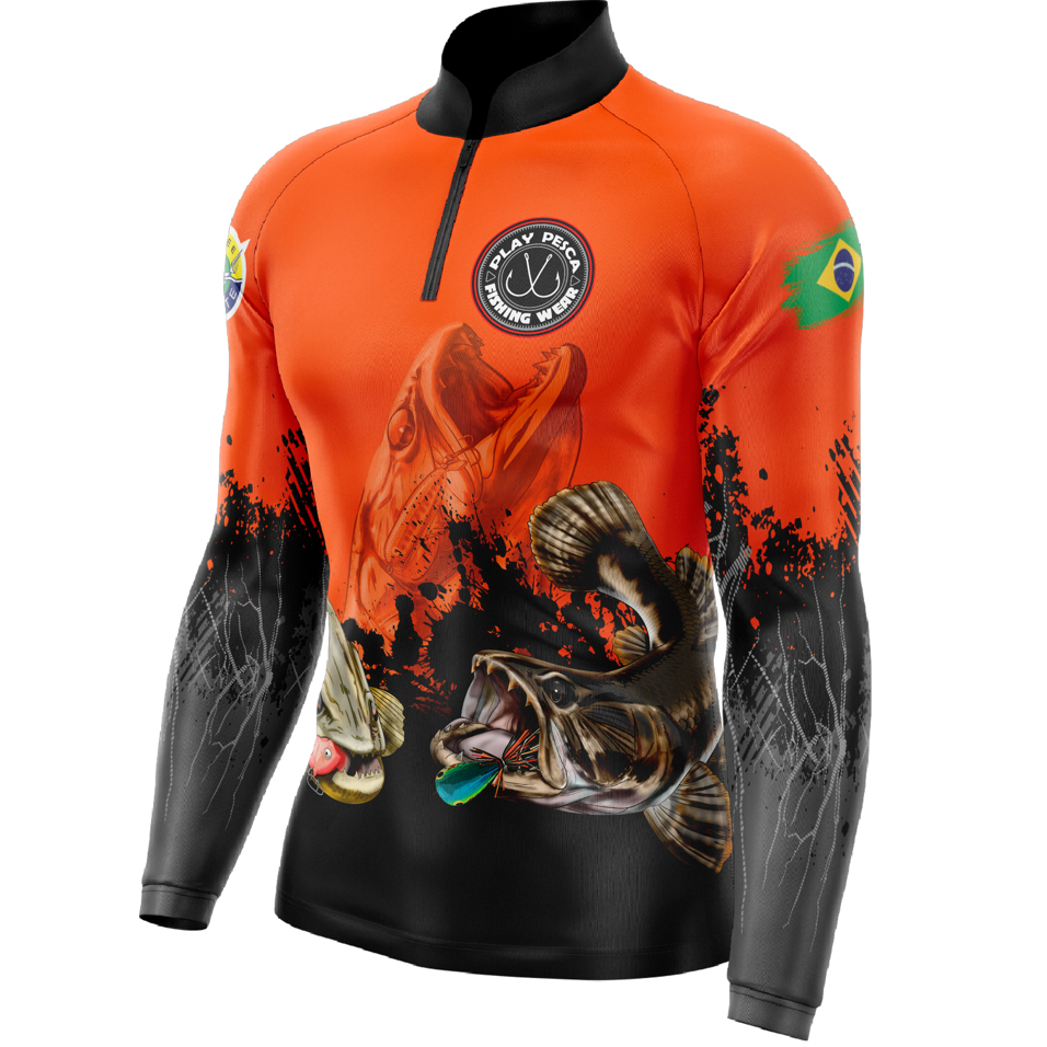 Camisa de Pesca Camiseta Blusa Play Pesca Traíra 3 Laranja com Proteção ...