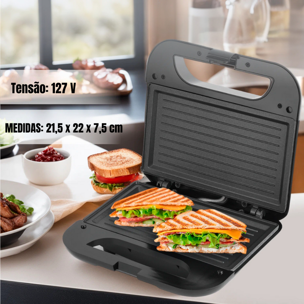 Sanduicheira Elétrica Grill Antiaderente StarTools Preto 127 V P/lanches carnes mistos ...