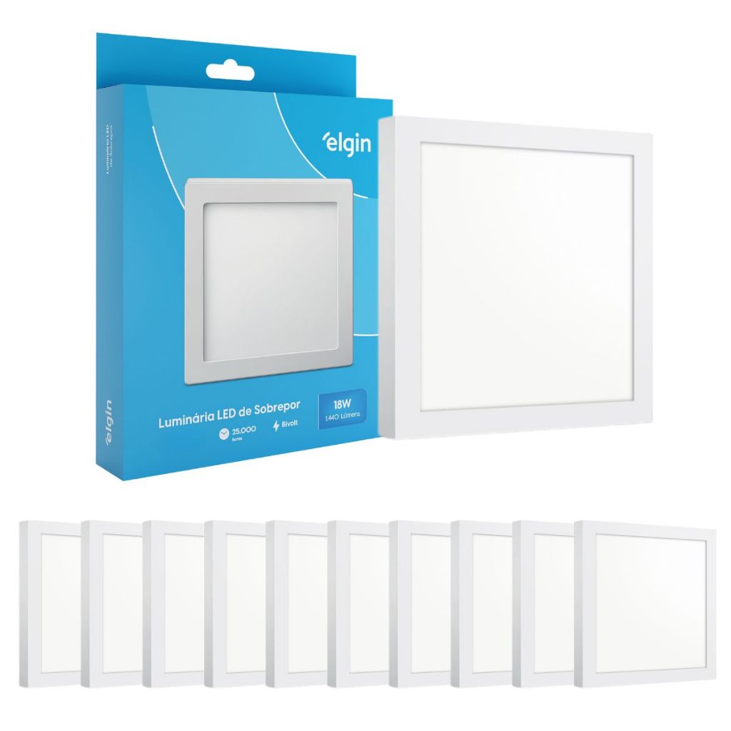 Kit 10 Luminária Painel Plafon Sobrepor Quadrado Led 18w Bivolt ELGIN | Shopee Brasil