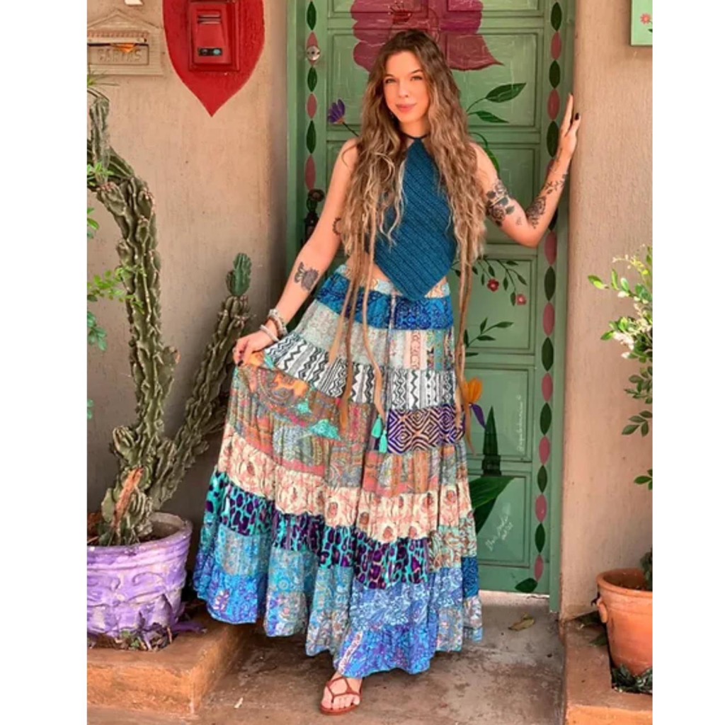 Saia Indiana de seda Boho Patchwork | Shopee Brasil