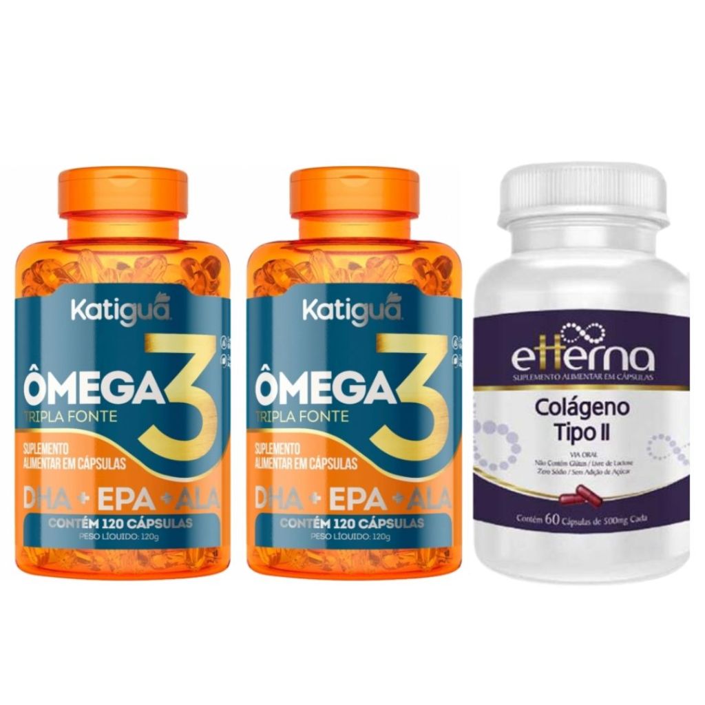 Kit: 2 Omega 3 DHA, EPA, ALA Katiguá 120 cápsulas (cada) + Colágeno Tipo II Etterna 60 cápsulas ...
