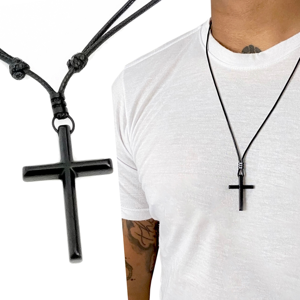Colar Masculino Cruz Prata Preto Colar Para Homem Pingente Crucifixo ...