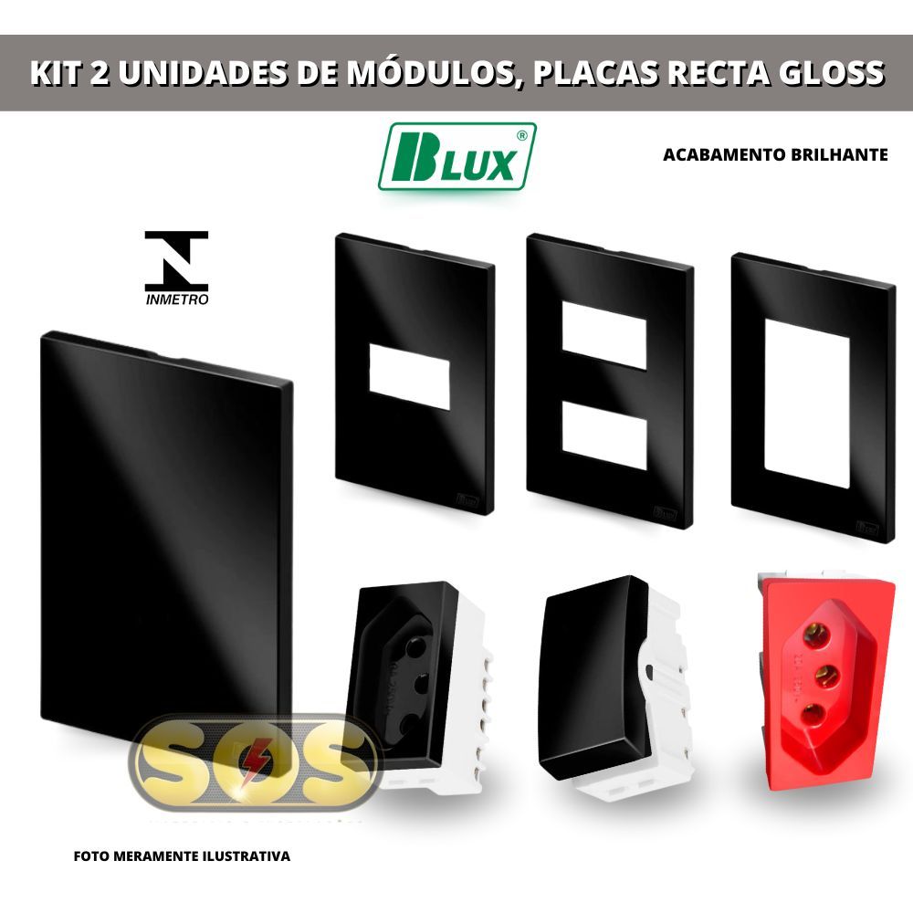 KIT COM 2 MÓDULOS INTERRUPTOR SIMPLES, PARALELO, TOMADA 10A, 20A. PLACAS 4X2 RECTA GLOSS BLUX ...