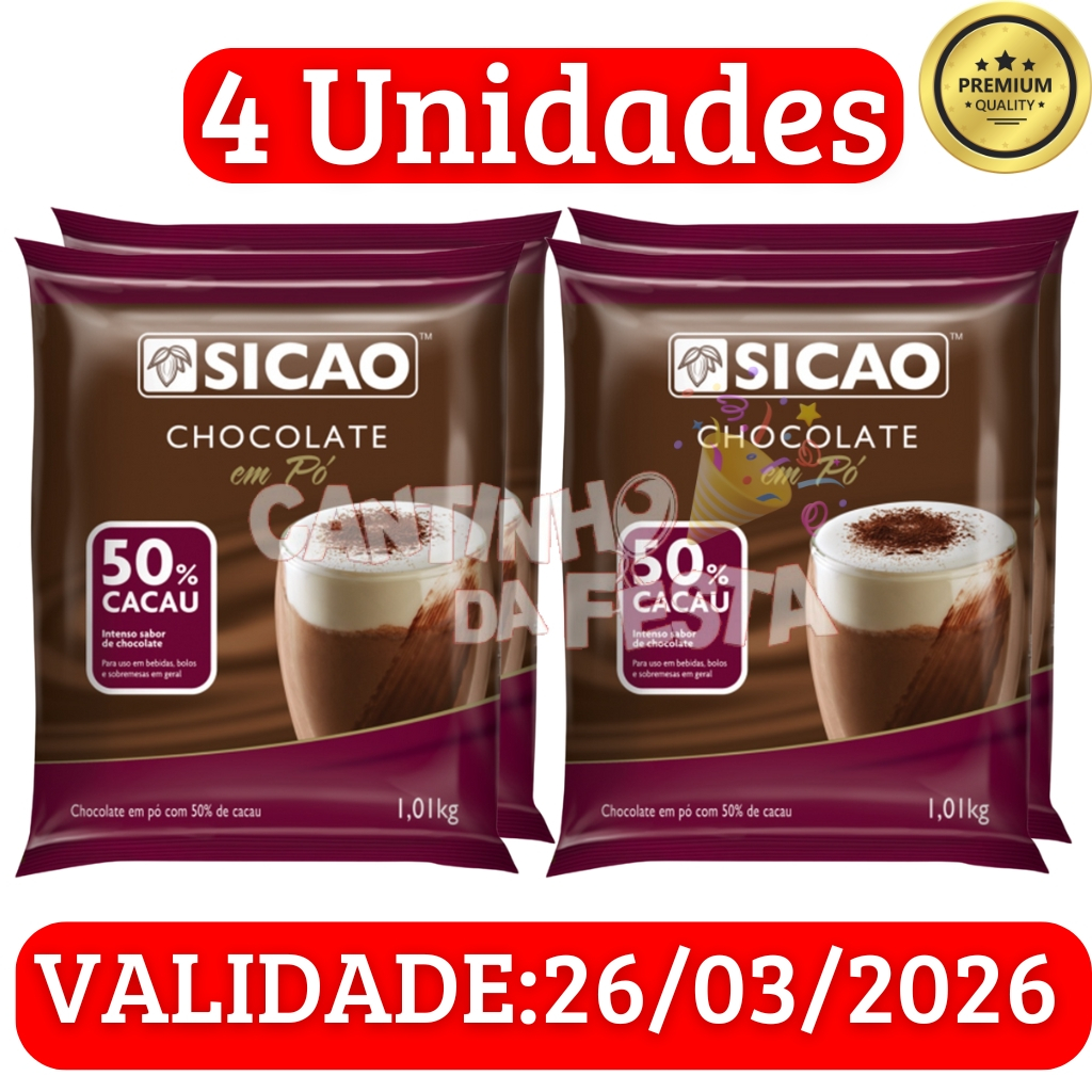 Chocolate Em Pó Solúvel 50% Cacau Sicao 1,010kg Kit 4 Unidades | Shopee Brasil