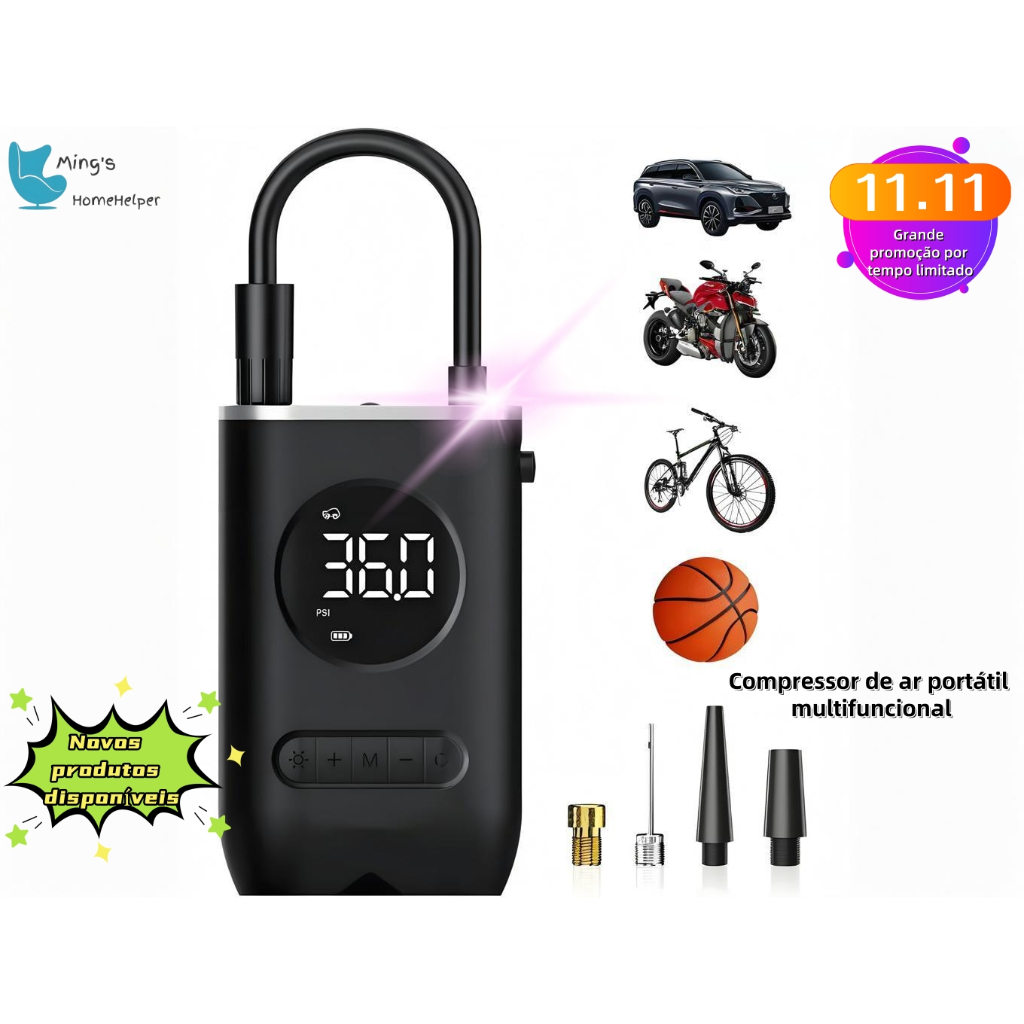 【11.11Grande Venda】Mini Compressor de Ar Portatil Recarregavél Digital ...