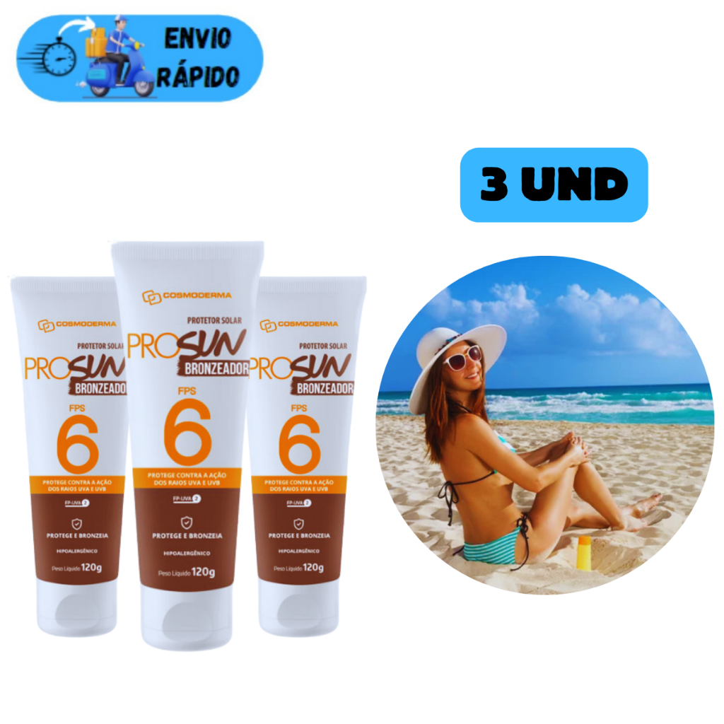 KIT 3 BRONZEADOR 120ML FATOR 6 COSMODERMA FACIAL E CORPORAL OIL FREE PARA SOL E PRAIA | Shopee ...