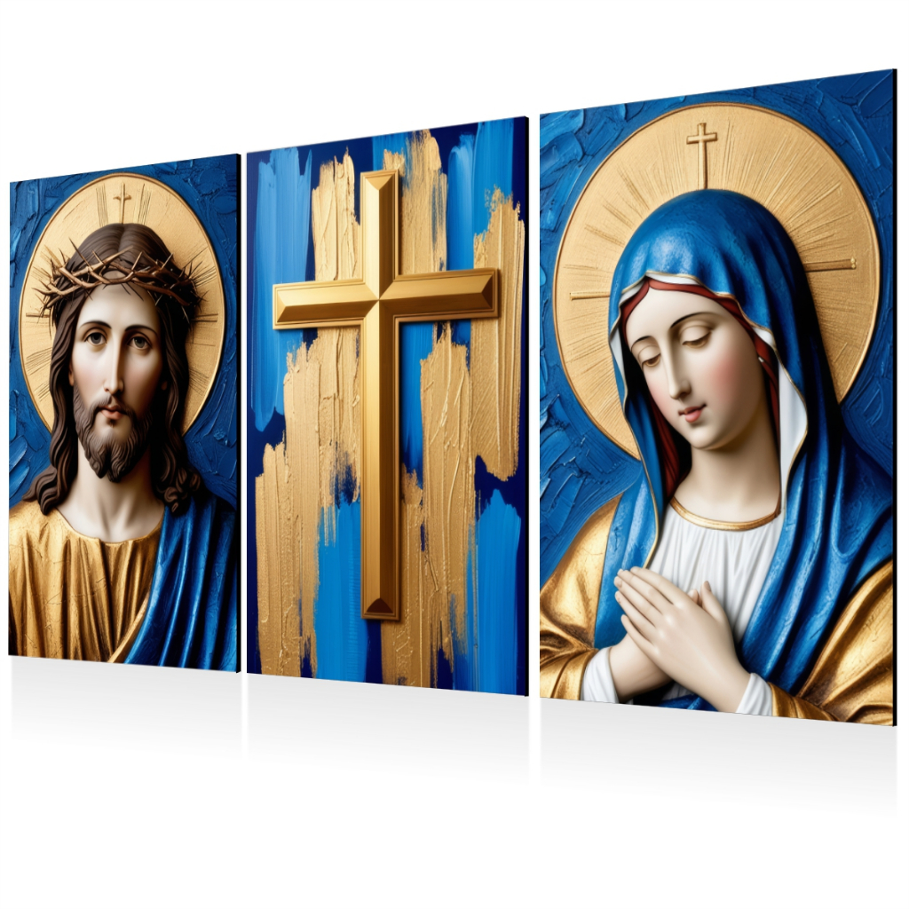 Quadro Religioso Jesus, Maria e Cruz em Dourado e Azul | Shopee Brasil