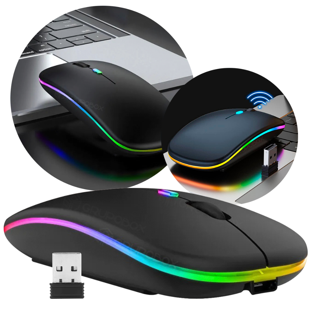 Mouse Sem Fio Recarregável Com Led RGB Wireless E Bluetooth Ergonômico Silencioso 2.4Ghz ...