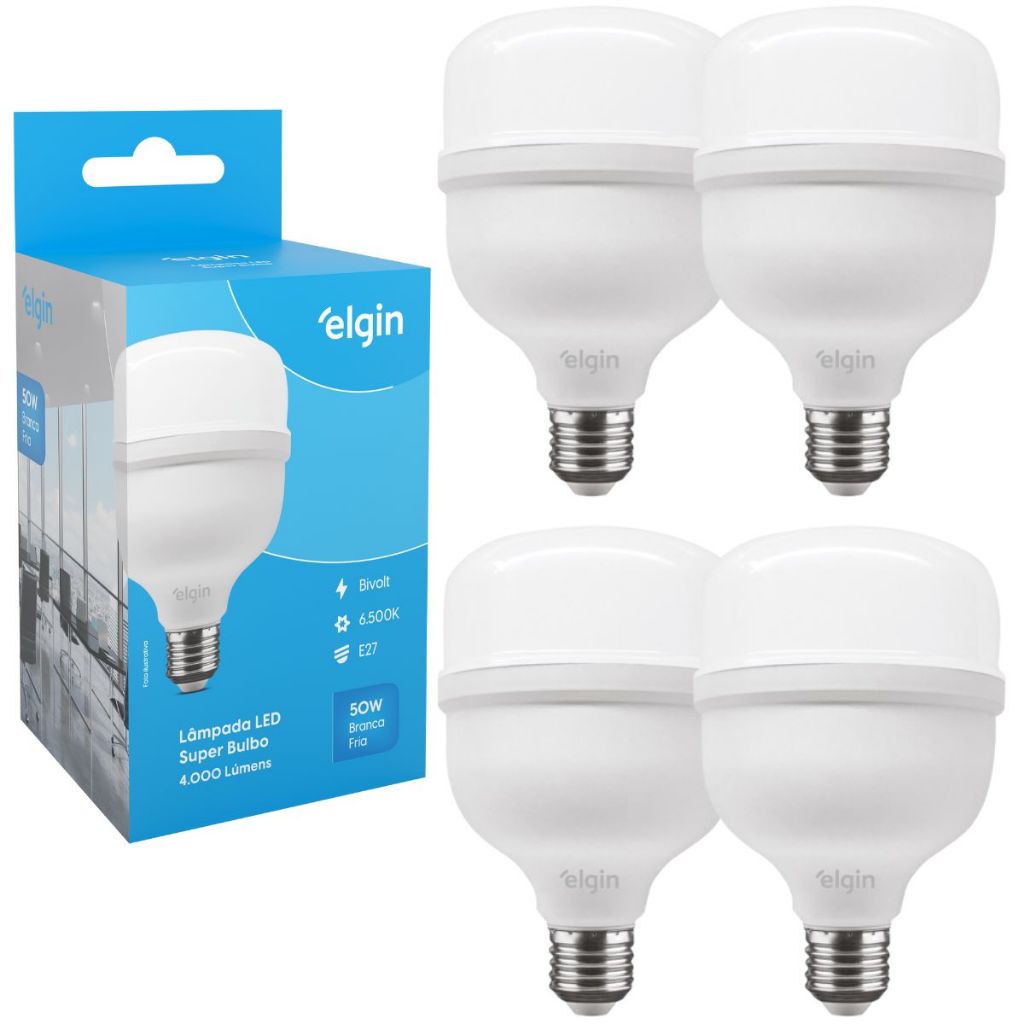 Kit 4 Lâmpadas Super Bulbo Alta Potência Led 50w 6500k - Elgin | Shopee Brasil