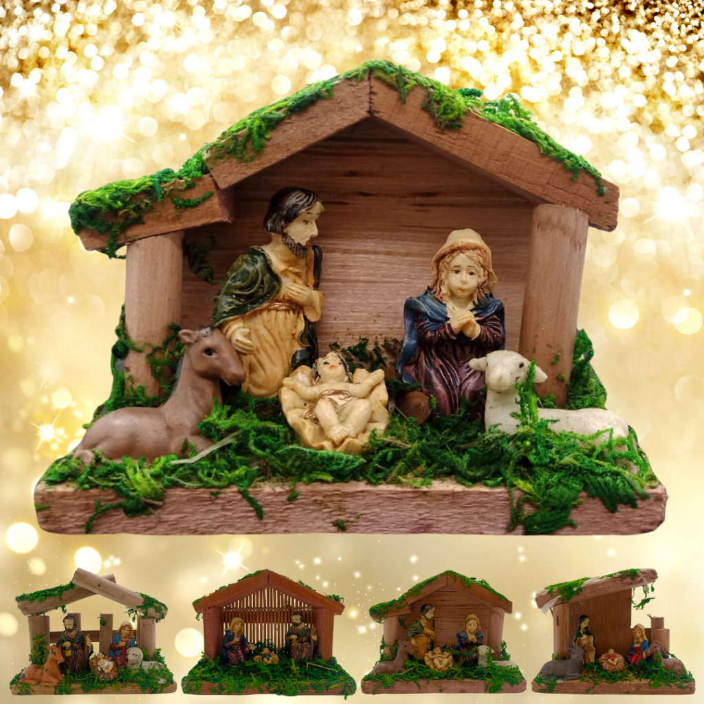 Presépio natalino nascimento de Jesus em resina e madeira 5 imagens ...