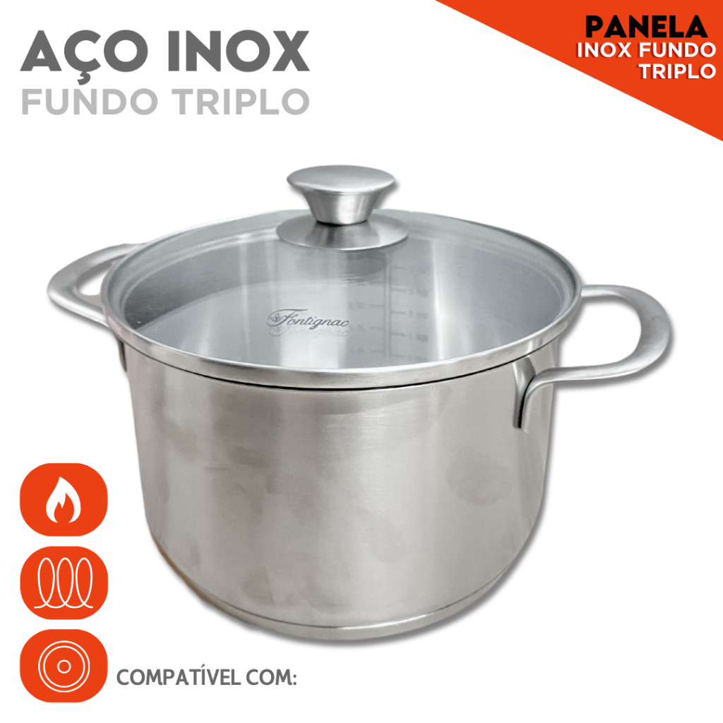 Panela de Aço inox com Tampa em vidro 3,7 Litros - Caçarola Fundo ...