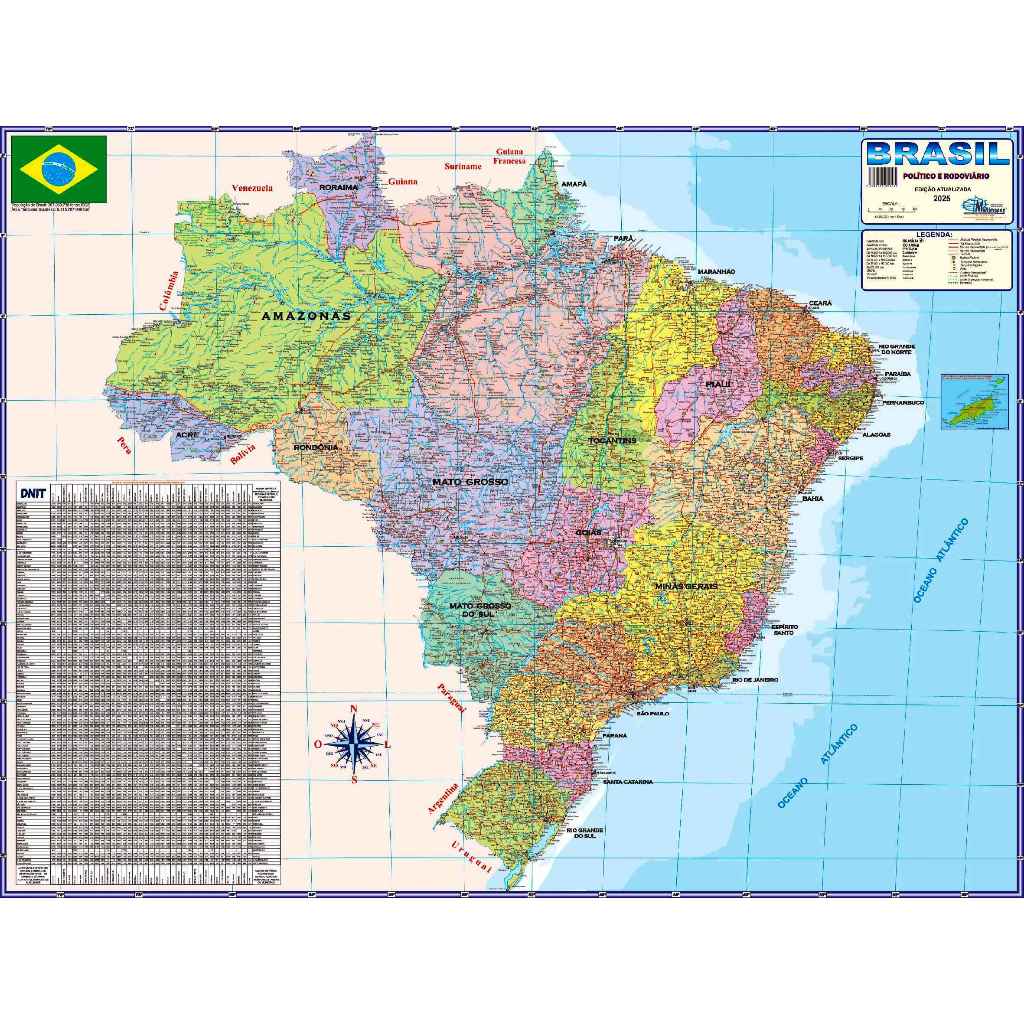 MAPA / POSTER DO BRASIL - POLÍTICO E RODOVIÁRIO - DIMENSÕES: LARGURA ...