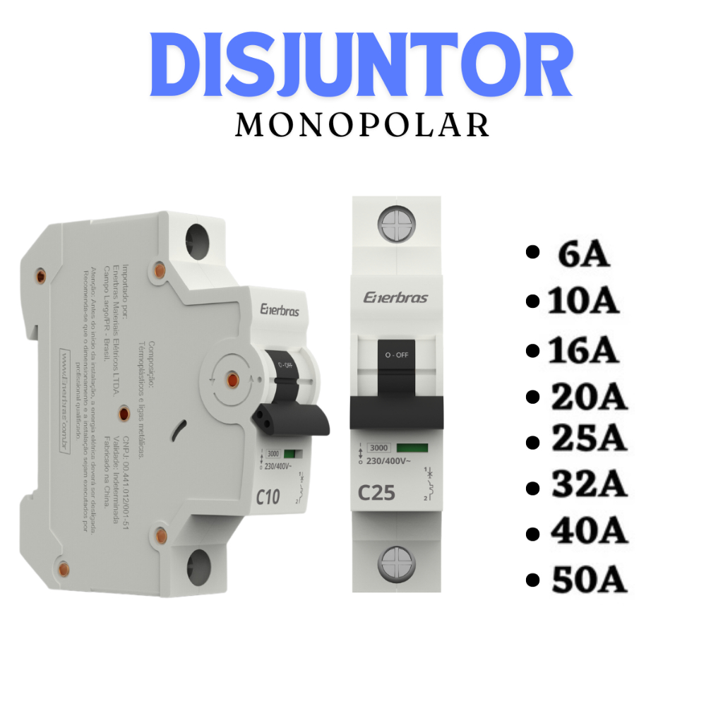 Disjuntor Chave Geral Curva C Termomagnéticos Monopolar/Unipolar 6a, 10a, 16a, 20a, 25a, 32a ...