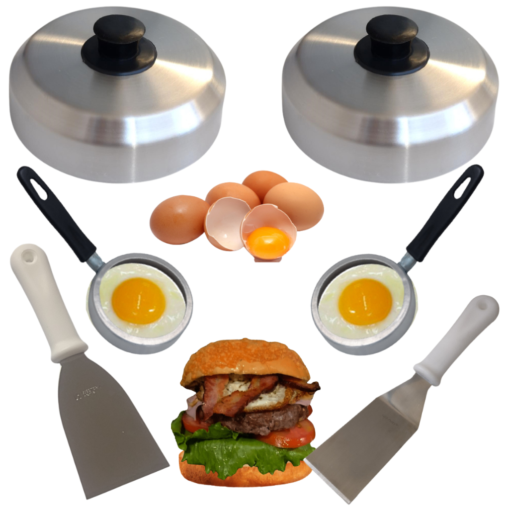 2 Abafador p/ Chapa Lanche 2 Espátulas Curva 2 Modelador Ovos Lanche ...