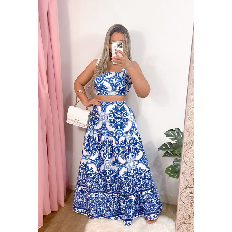 Conjunto Saia longa e Cropped lastex Estampado Azul Inspiração Farm ...