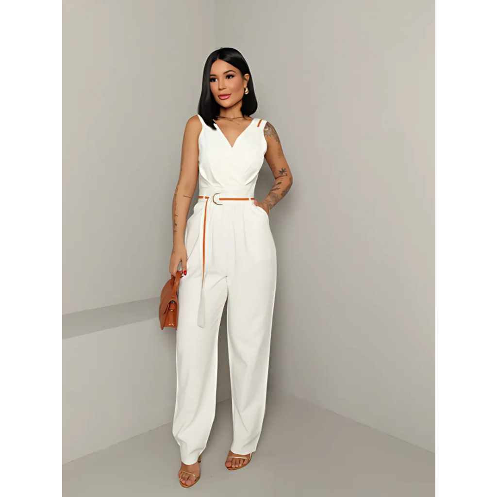 Macacão Feminino Longo Elegante Alfaiataria Social Com Cinto E Bolso ...