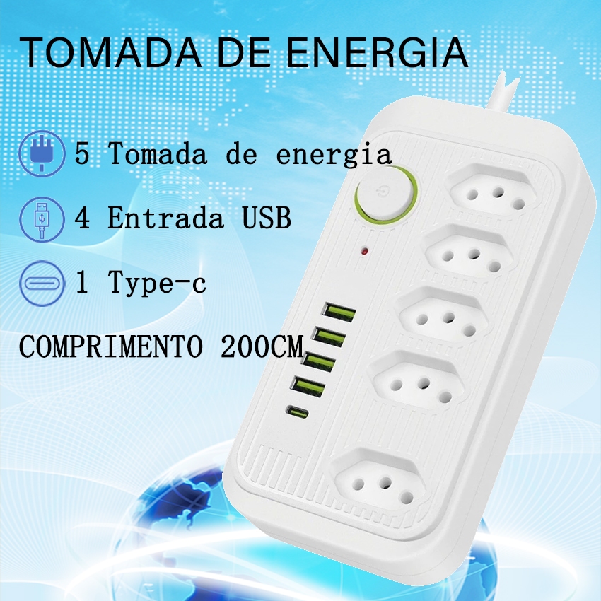 Filtro de linha extensão de 2 metros com 5 tomadas 4 usb e 1 entrada tipo-c | Shopee Brasil