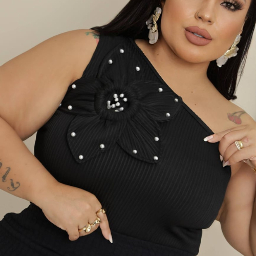 Croppet Manga Nula Com Detalhe Em Flor com perolas Plus Size em 3D ...