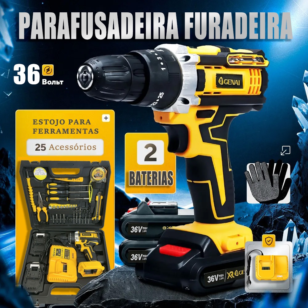 Kit Parafusadeira Furadeira 36v 2 Baterias 35Nm Com Maleta Completo ...