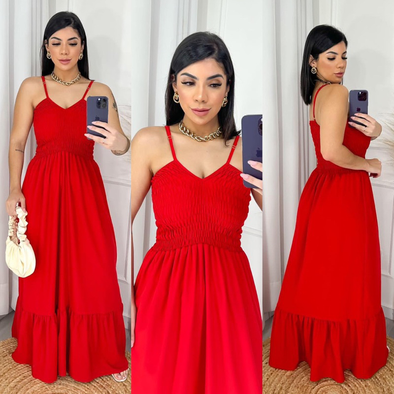Vestido Longo de Alcinha Ajustável Com Elástico e Bojo Natal Ano Novo ...
