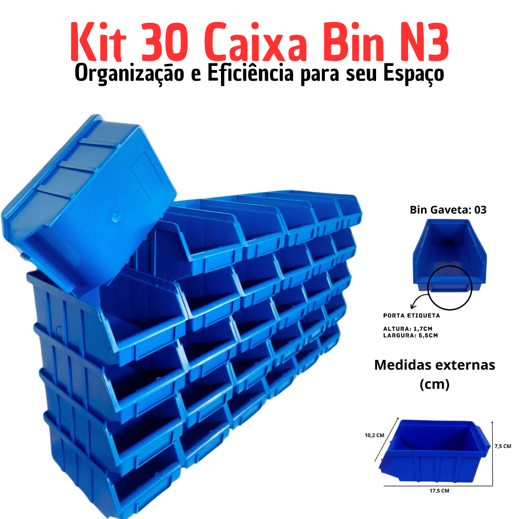 Caixa Gaveta Empilhavel Plástica Bin Nº3 Azul Com 30 unidades ...