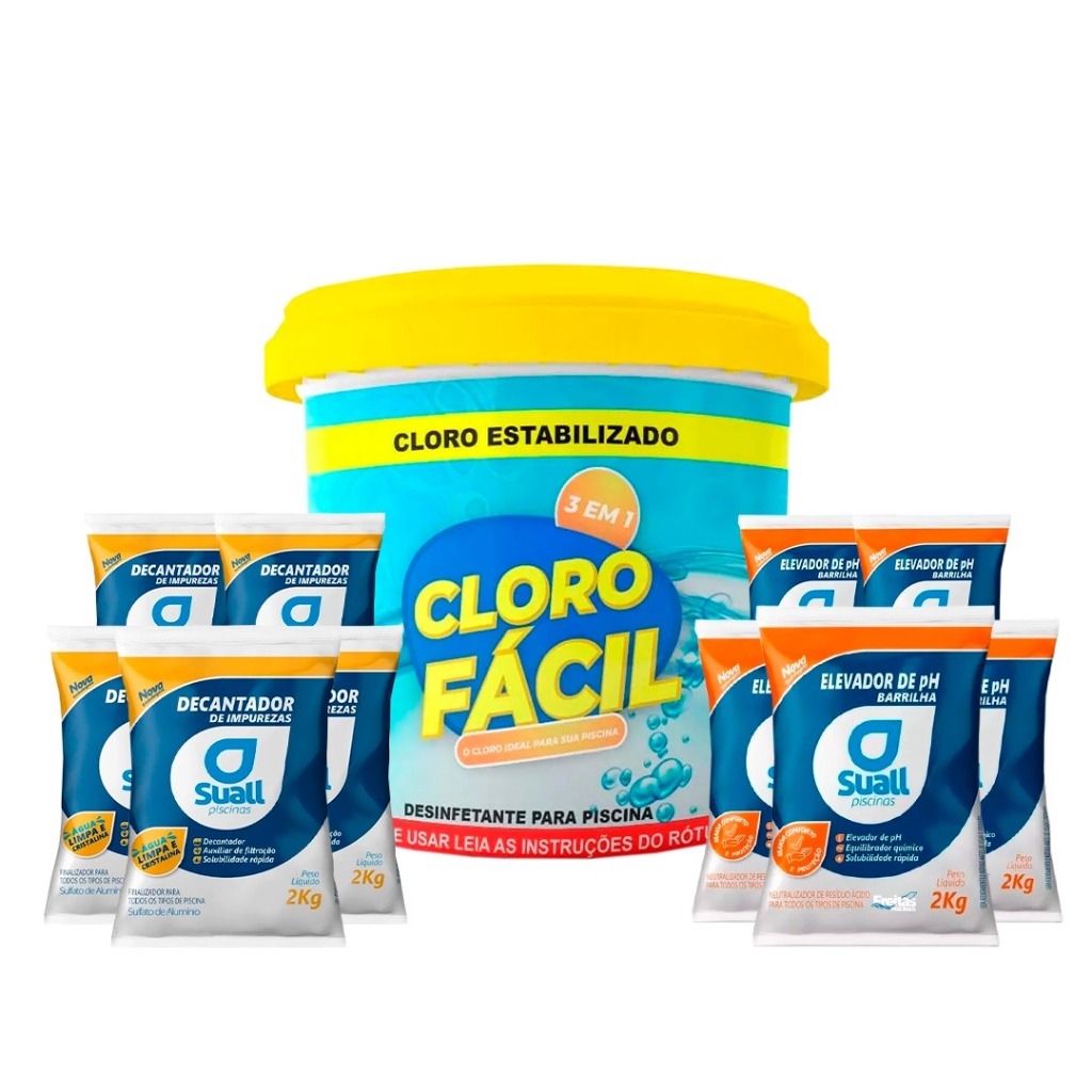 KIT CLORO FACIL 10KG + 5 DECANTADOR E 5 ELEVADOR DE PH SUALL P ...
