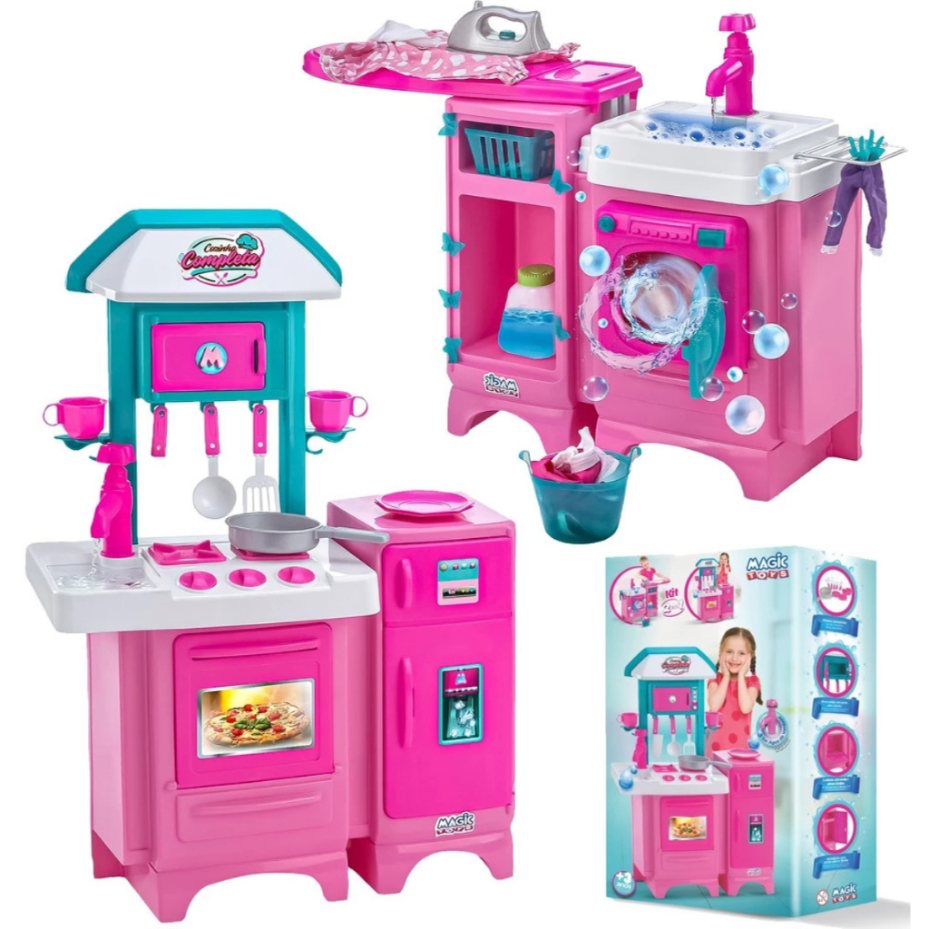 Kit Cozinha Completa e Lavanderia Lava e Passa 2 Em 1 com Acessórios Sai Água - Magic Toys 8043 ...
