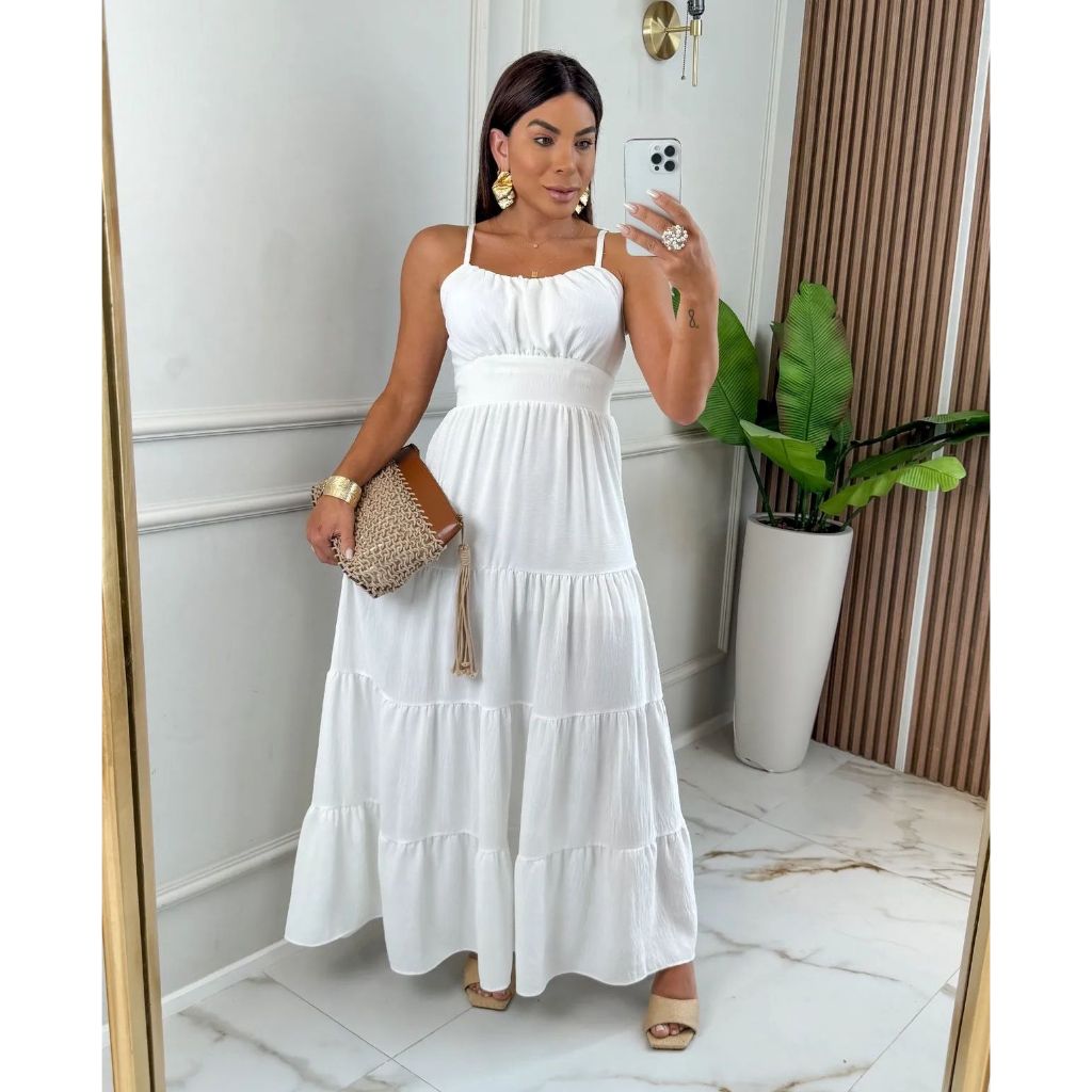 Vestido Longo de Alça Regulável com Bojo Liso TECIDO CREPE DUNNA ...