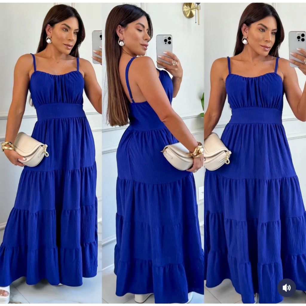 Vestido Longo de Alça Regulável com Bojo Liso TECIDO CREPE DUNNA ...