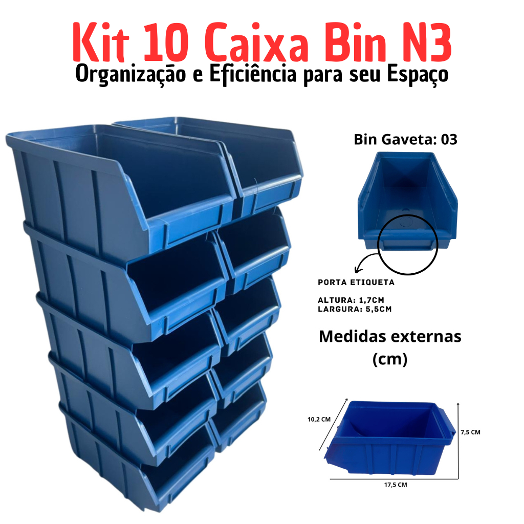 Caixa Bin Organizadora Azul Nº3 com 10 Unidades Plástico Resistente ...