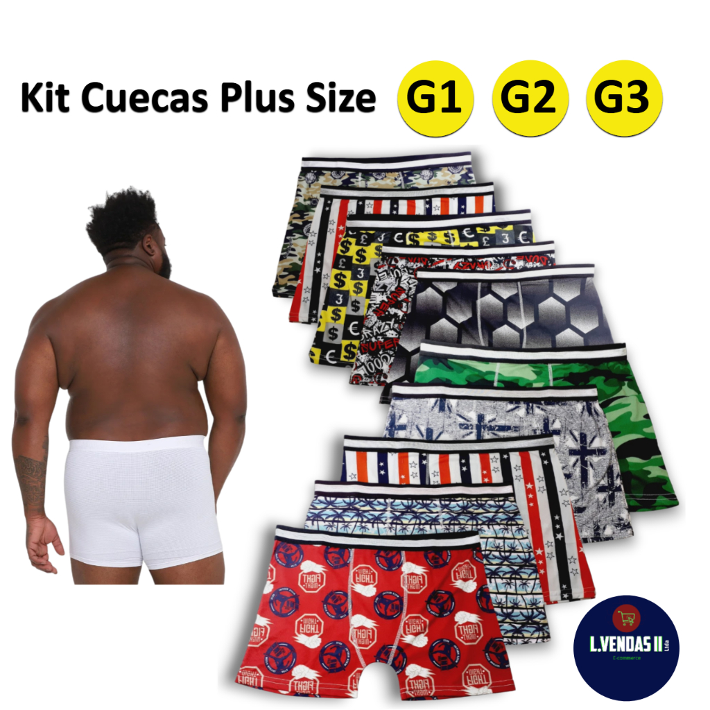 Cueca Boxer Plus Size Microfibra Kit com 5 Cuecas Plus size G1 G2 G3 ...