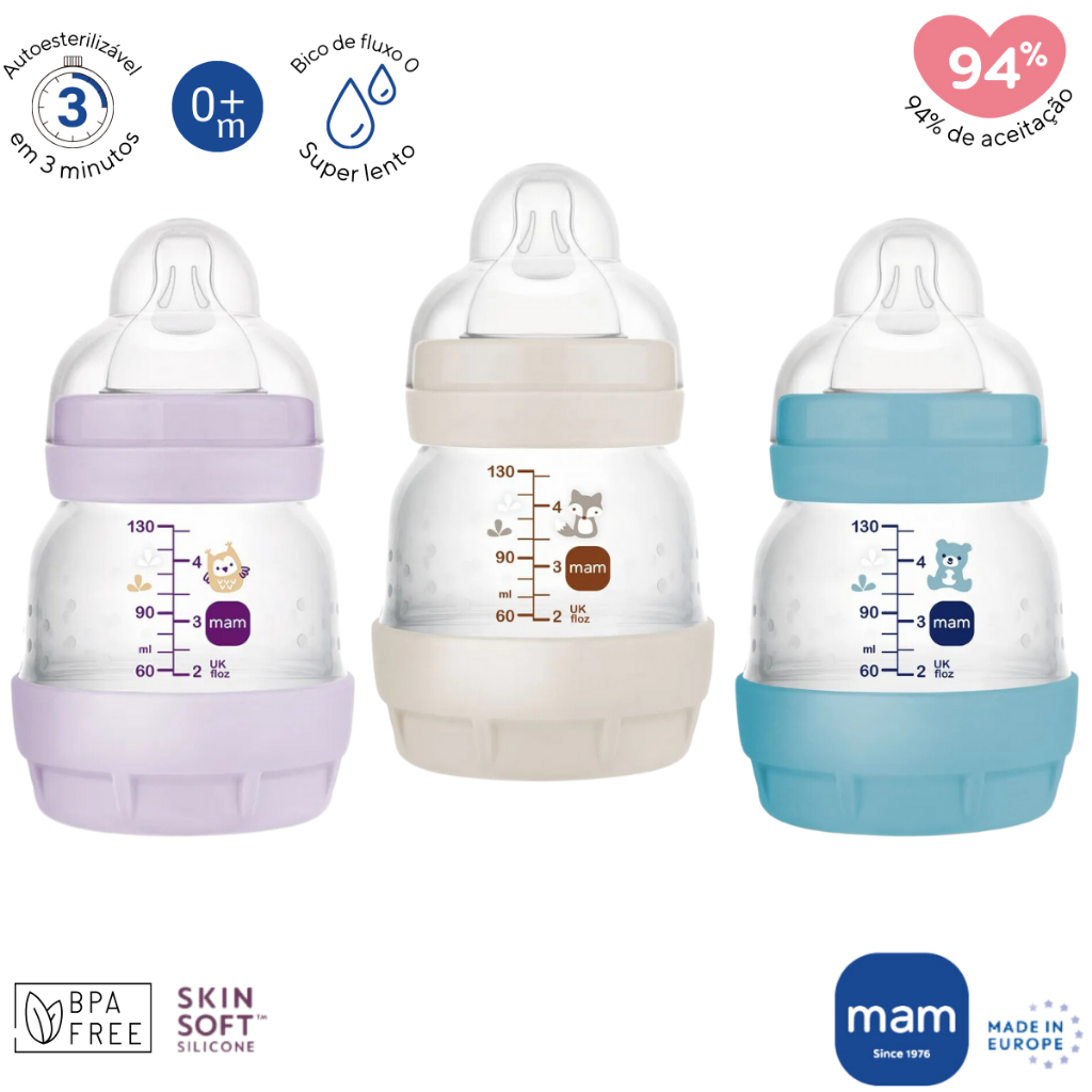 Mamadeira MAM Original Lacrada Easy Start Anti-Colica 130ml Autoesterilizável Fluxo 0 Adaptável ...