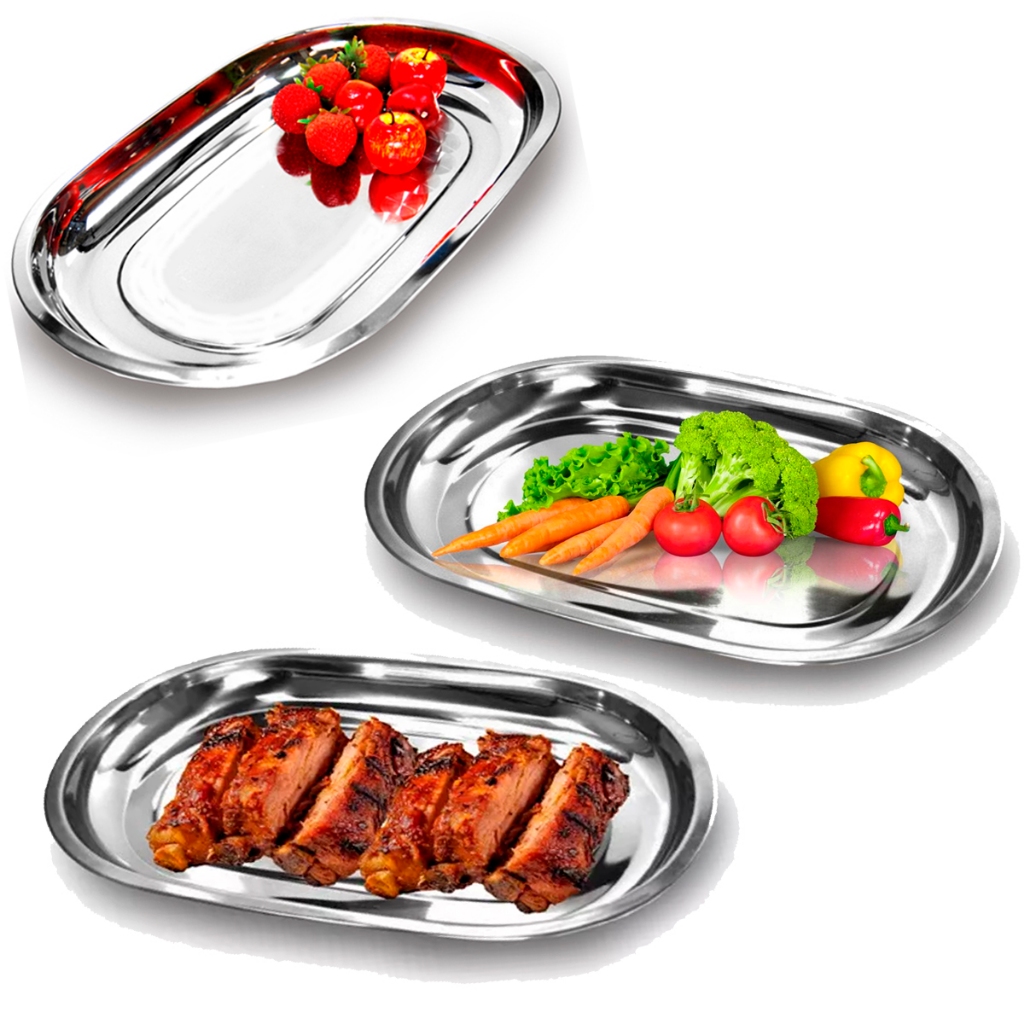 Kit com 3 Baixela Oval de 30cm Bandeja em Aço Inox Travessa Servir ...